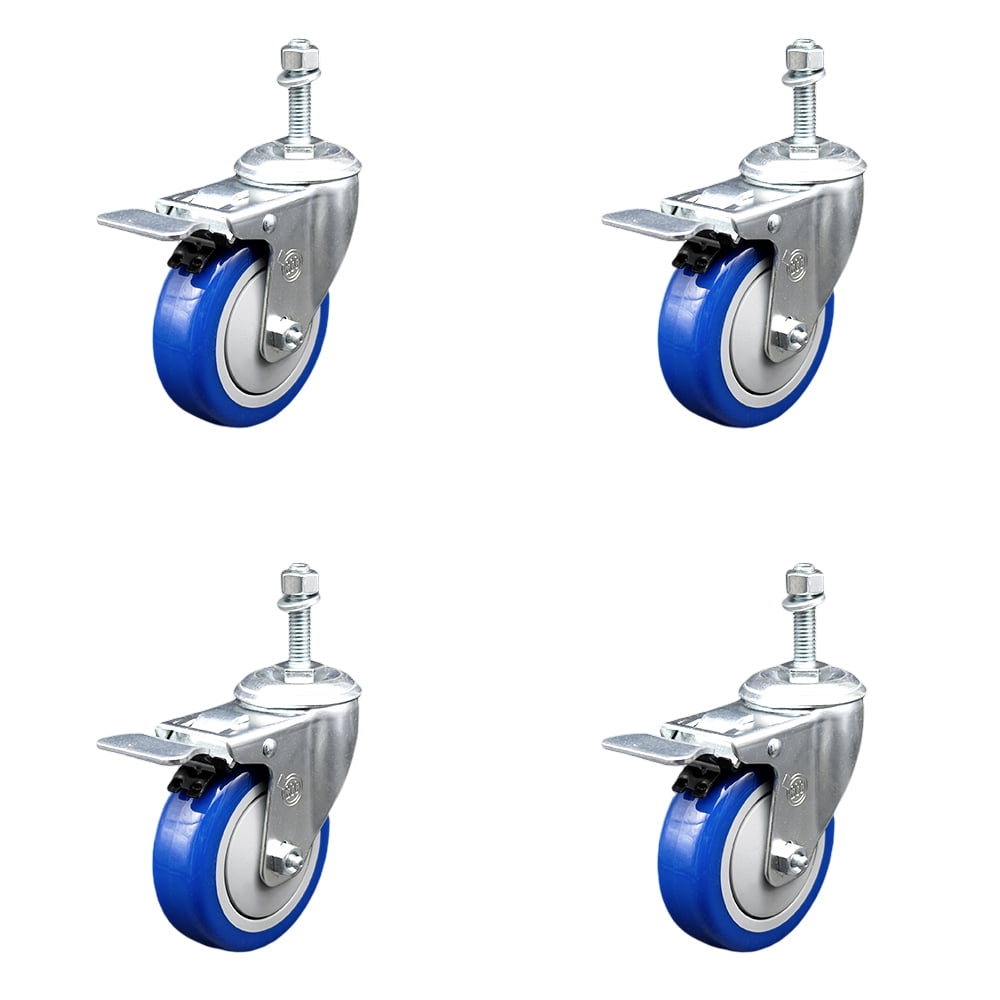 4 Inch SS Blue Polyurethane 10mm Threaded Stem Caster Set Total Lock ...