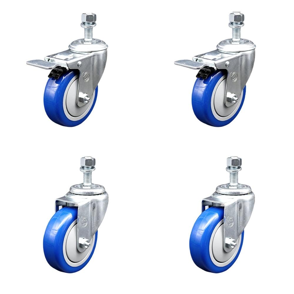 4 Inch SS Blue Polyurethane ½ Inch Threaded Stem Caster Set 2 Total ...