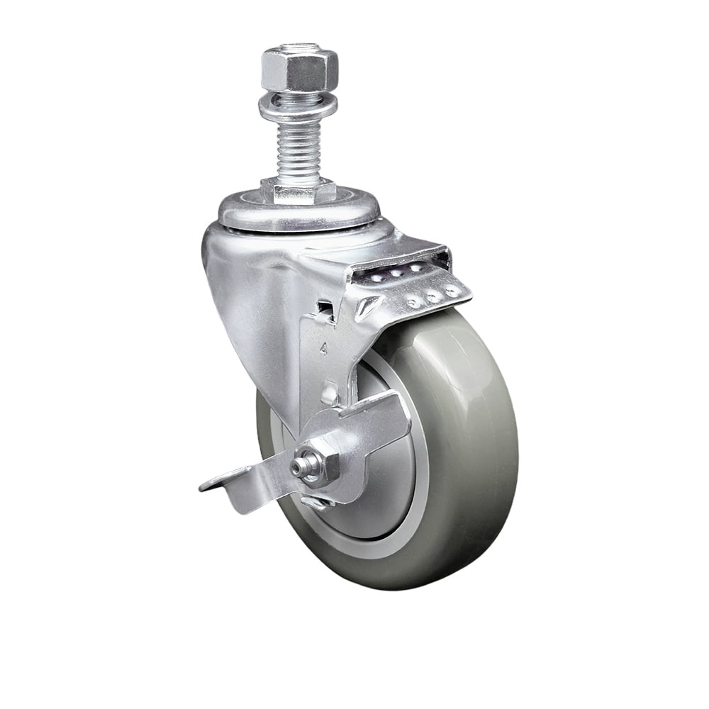 4 Inch SS Gray Polyurethane Swivel 12mm Threaded Stem Caster with Brake ...