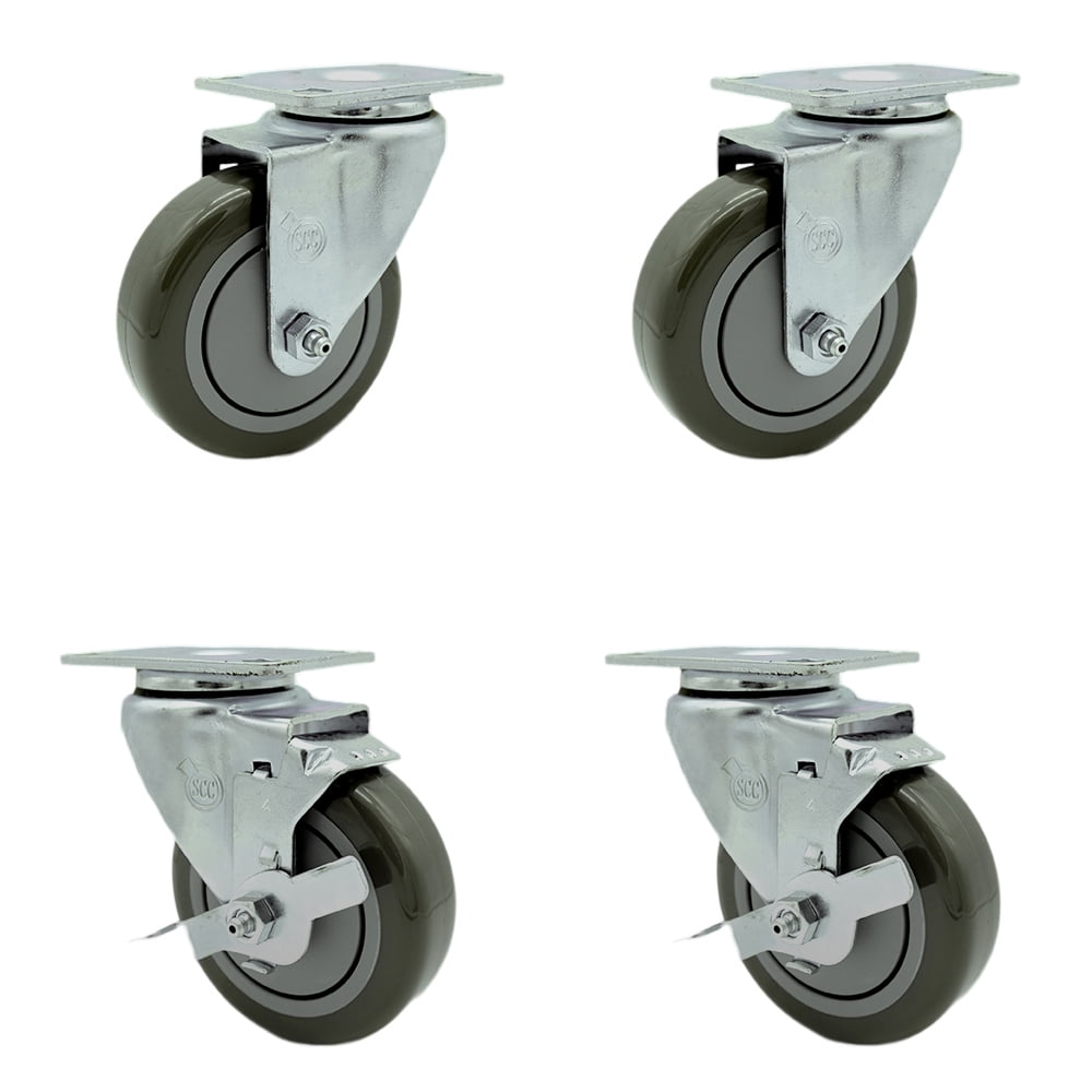 4 Inch SS Gray Polyurethane Swivel Top Plate Caster Set with 2 Brakes ...