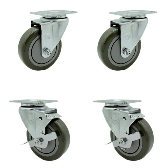 4 Inch SS Gray Polyurethane Swivel Top Plate Caster Set with 2 Brakes ...