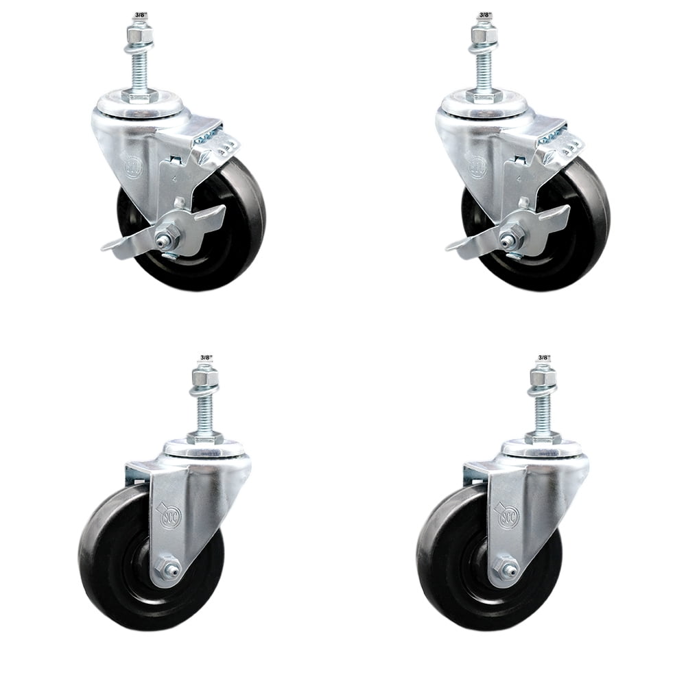 4 Inch SS Hard Rubber Wheel Swivel 3/8 Inch Threaded Stem Caster Set 2 ...