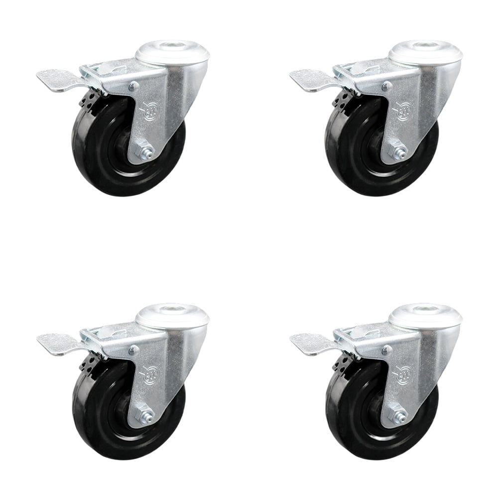 4 Inch SS Hard Rubber Wheel Swivel Bolt Hole Caster Set with Total Lock ...