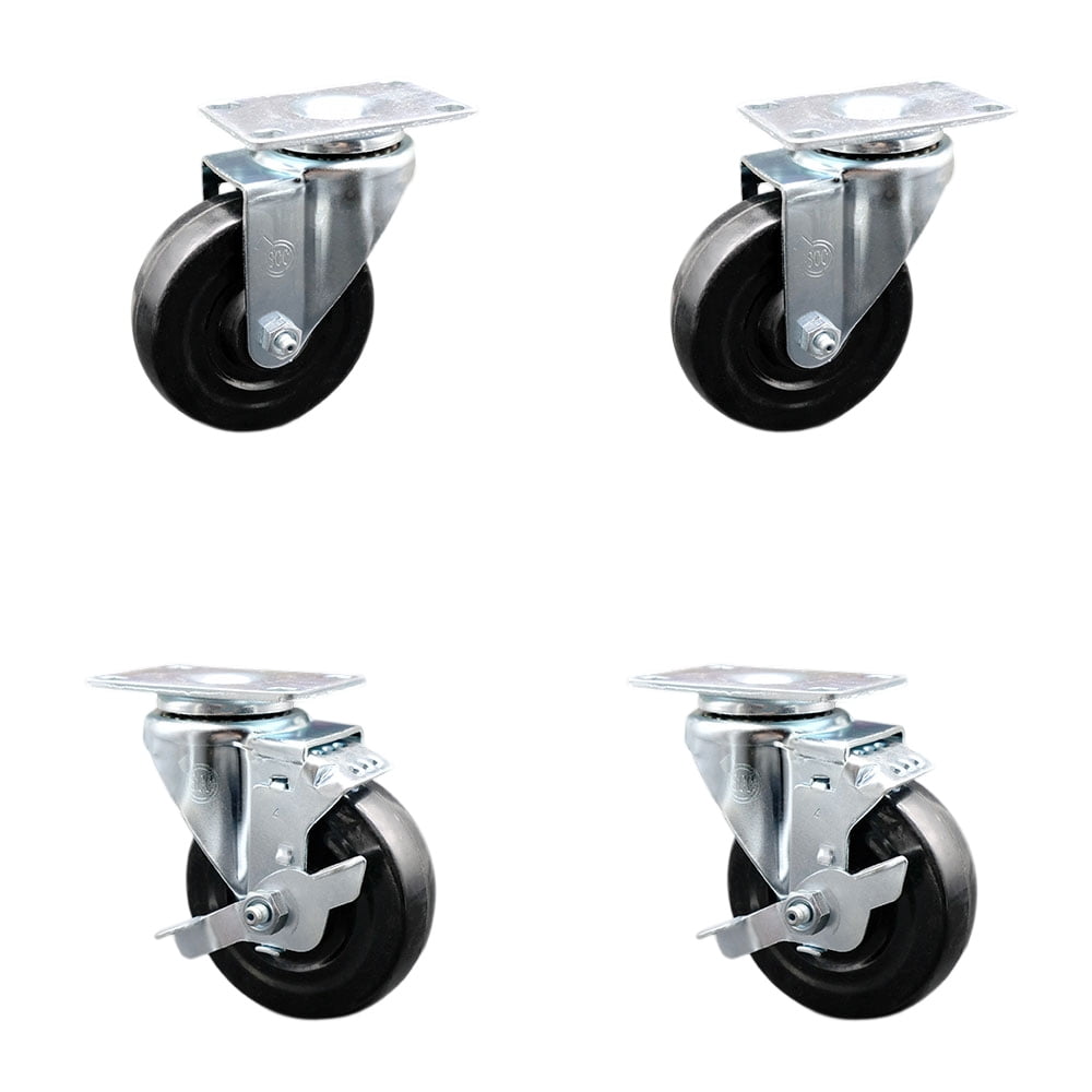 4 Inch Hard Rubber Wheel Swivel Top Plate Caster Set with 2 Brakes SCC ...