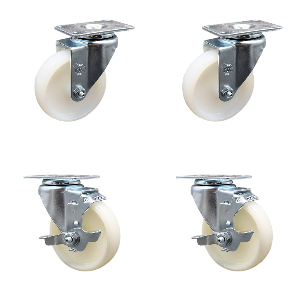 4 Inch SS Nylon Wheel Swivel Top Plate Caster Set with 2 Brakes Service ...