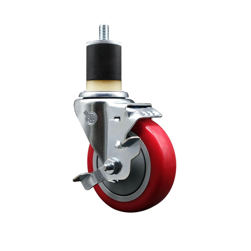 4 Inch SS Red Poly Swivel 1-7/8 Inch Expanding Stem Caster with Brake ...