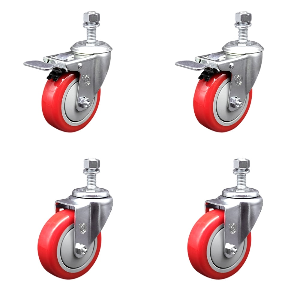 4 Inch SS Red Poly Swivel 12mm Threaded Stem Caster Set 2 Total Lock ...
