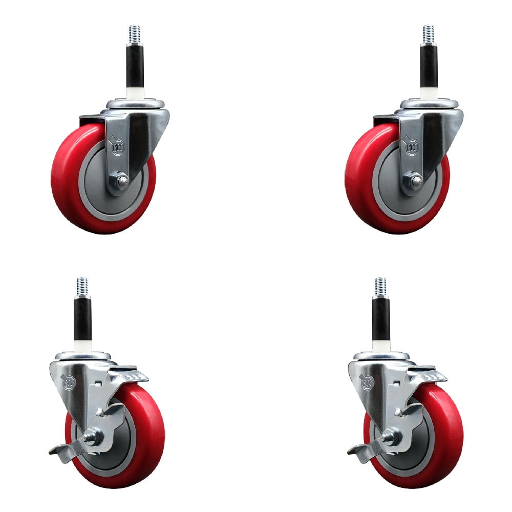 4 Inch SS Red Poly Wheel Swivel 7/8 Inch Expanding Stem Caster Set 2 ...