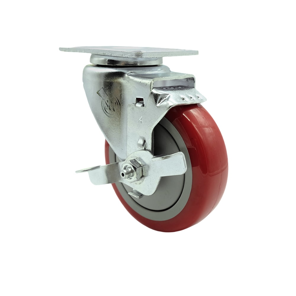 4 Inch SS Red Polyurethane Swivel Top Plate Caster with Brake Service ...
