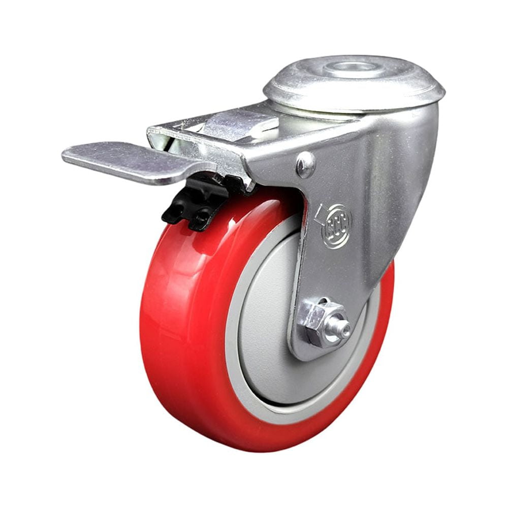 4 Inch SS Red Polyurethane Wheel Swivel Bolt Hole Caster with Total Lock Brake - Walmart.com