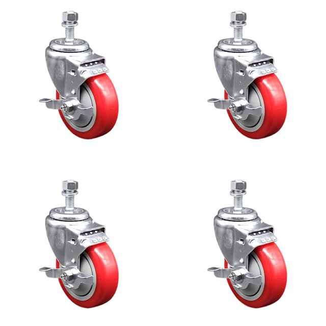 4 Inch SS Red Polyurethane Wheel Swivel ½ Inch Threaded Stem Caster Set ...