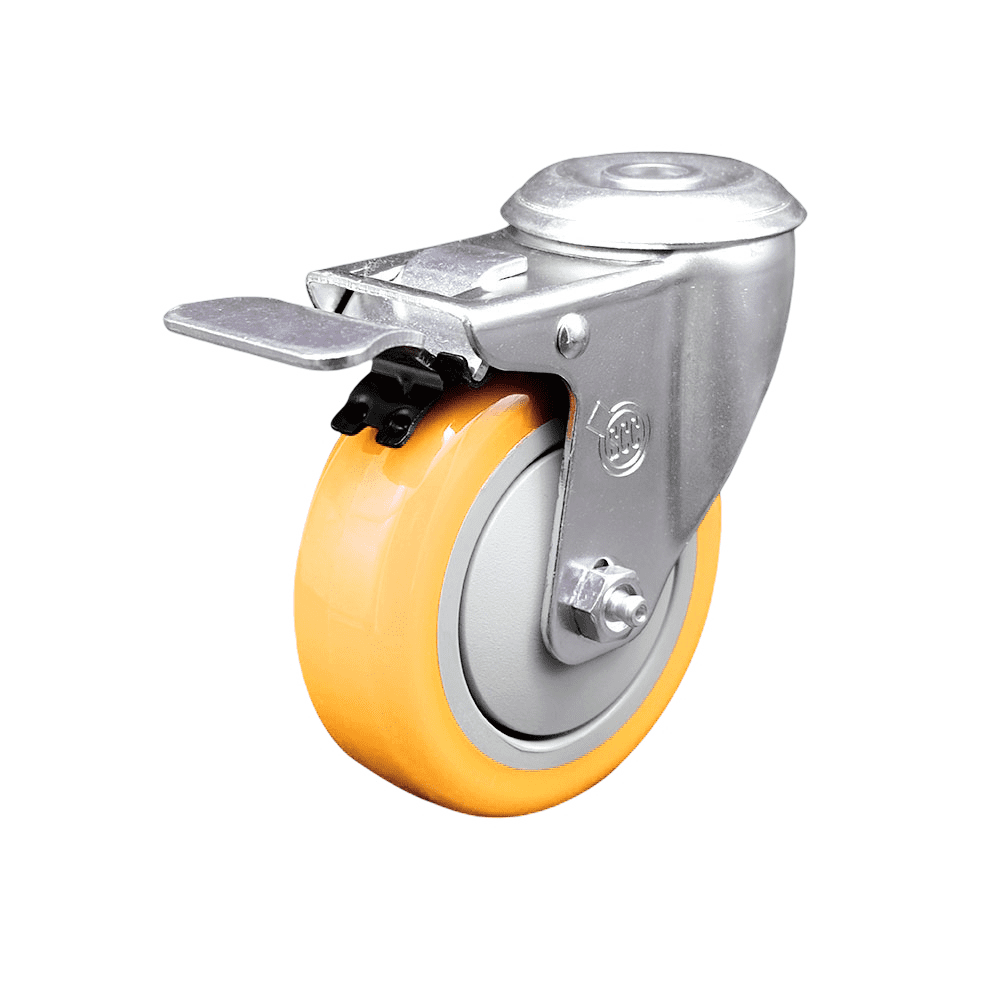 4 Inch SS Yellow Polyurethane Wheel Swivel Bolt Hole Caster with Brake ...