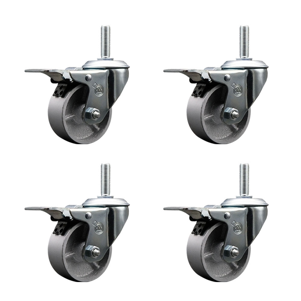 4 Inch Semi Steel Swivel 3/4 Inch Threaded Stem Caster Set with Total ...
