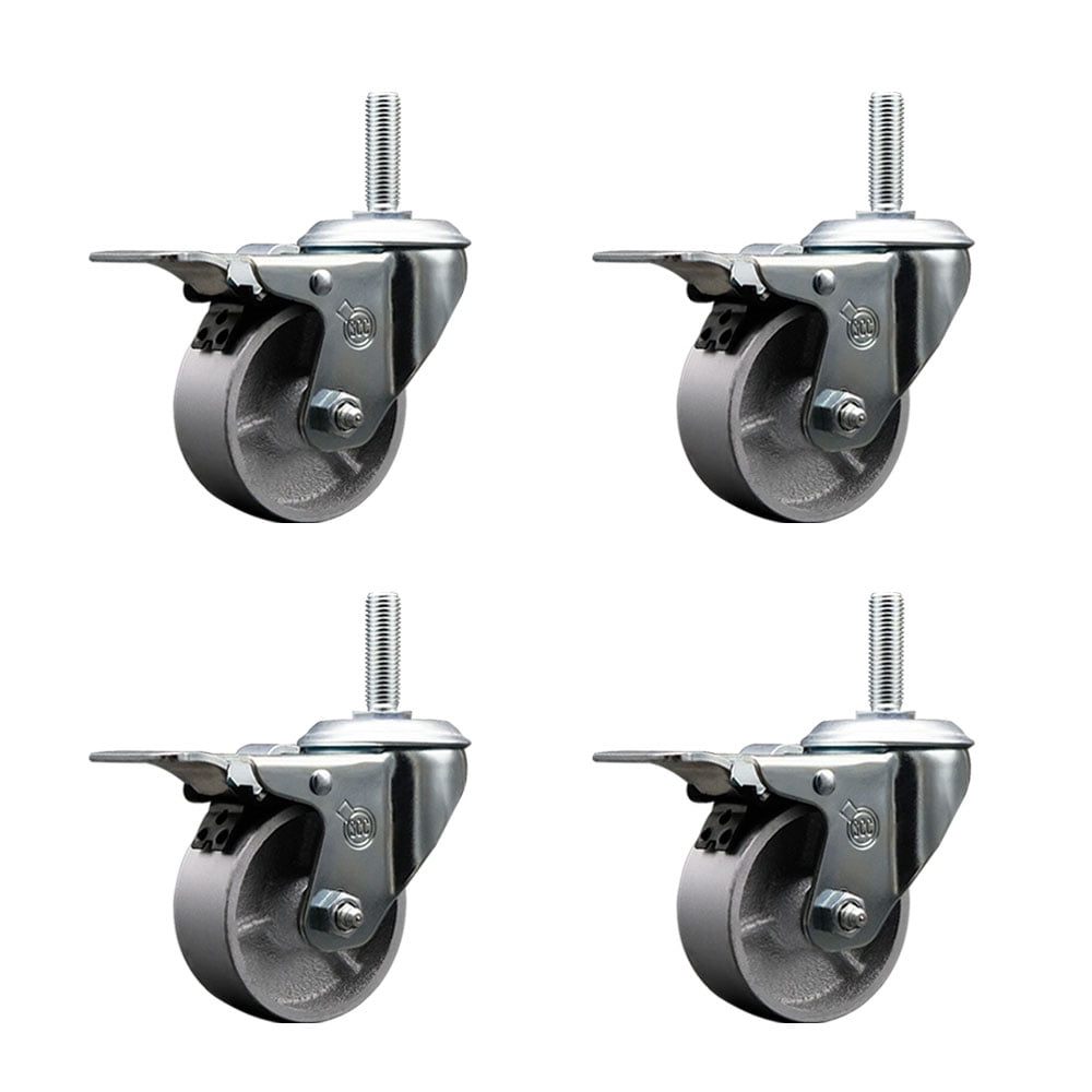 4 Inch Semi Steel Swivel 5/8 Inch Threaded Stem Caster Set with Total ...