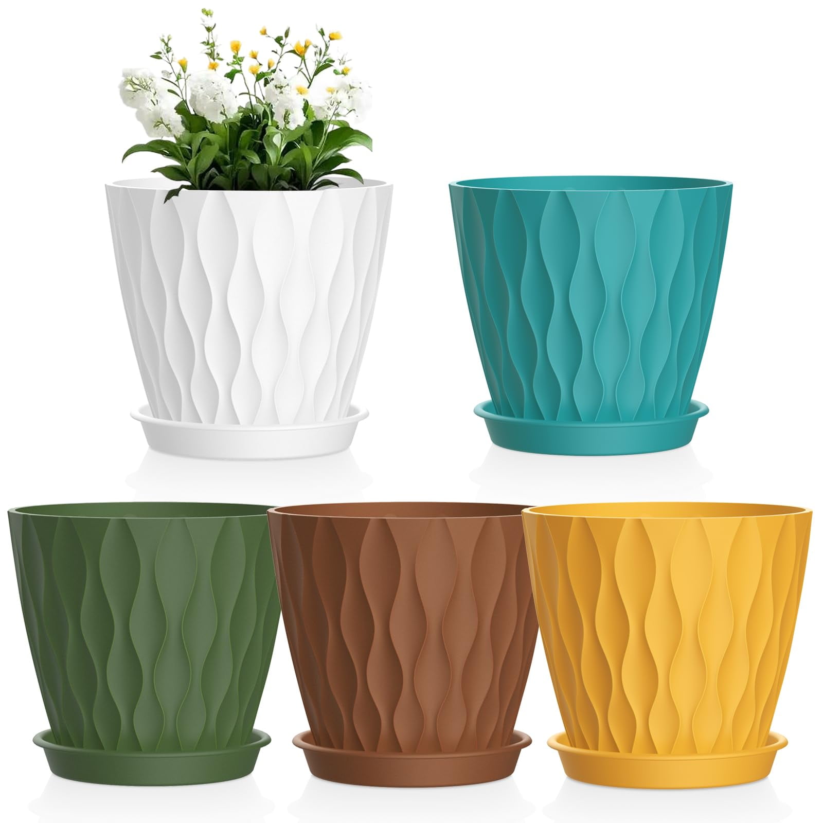 4 Inch Small Plastic Flower Pots, 5 Set Water Ripple Design Nursery ...