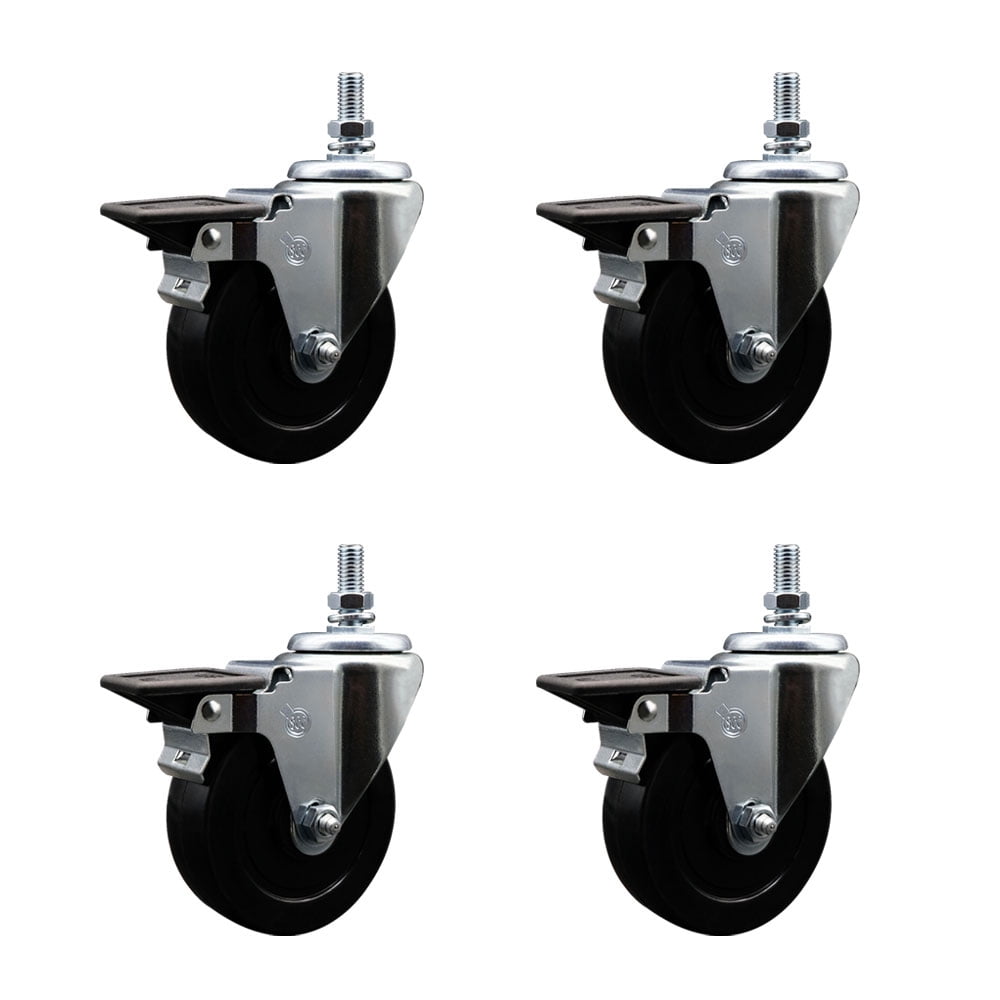 4 Inch Soft Rubber ½ Inch Threaded Stem Caster Set with Brake - Walmart.com