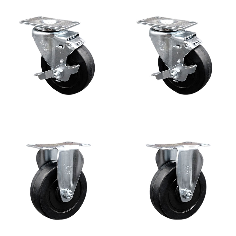4 Inch Soft Rubber Swivel Top Plate Caster Set with 2 Brakes 2 Rigid ...