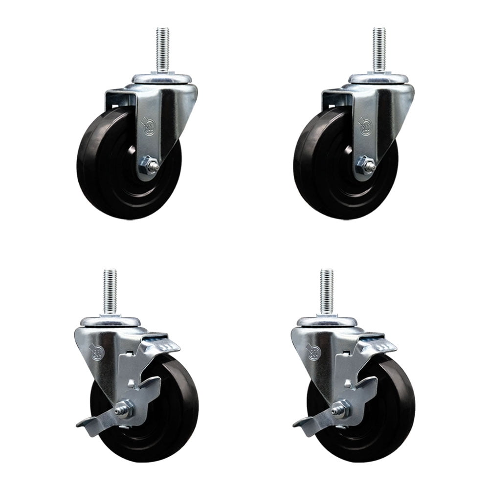 4 Inch Soft Rubber Wheel Swivel 3/4 Inch Threaded Stem Caster Set 2 ...