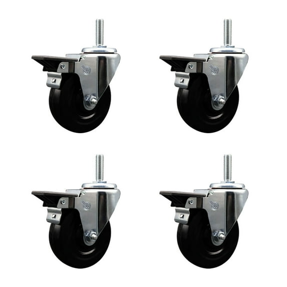 4 Inch Soft Rubber Wheel Swivel 3/4 Inch Threaded Stem Caster Set with ...