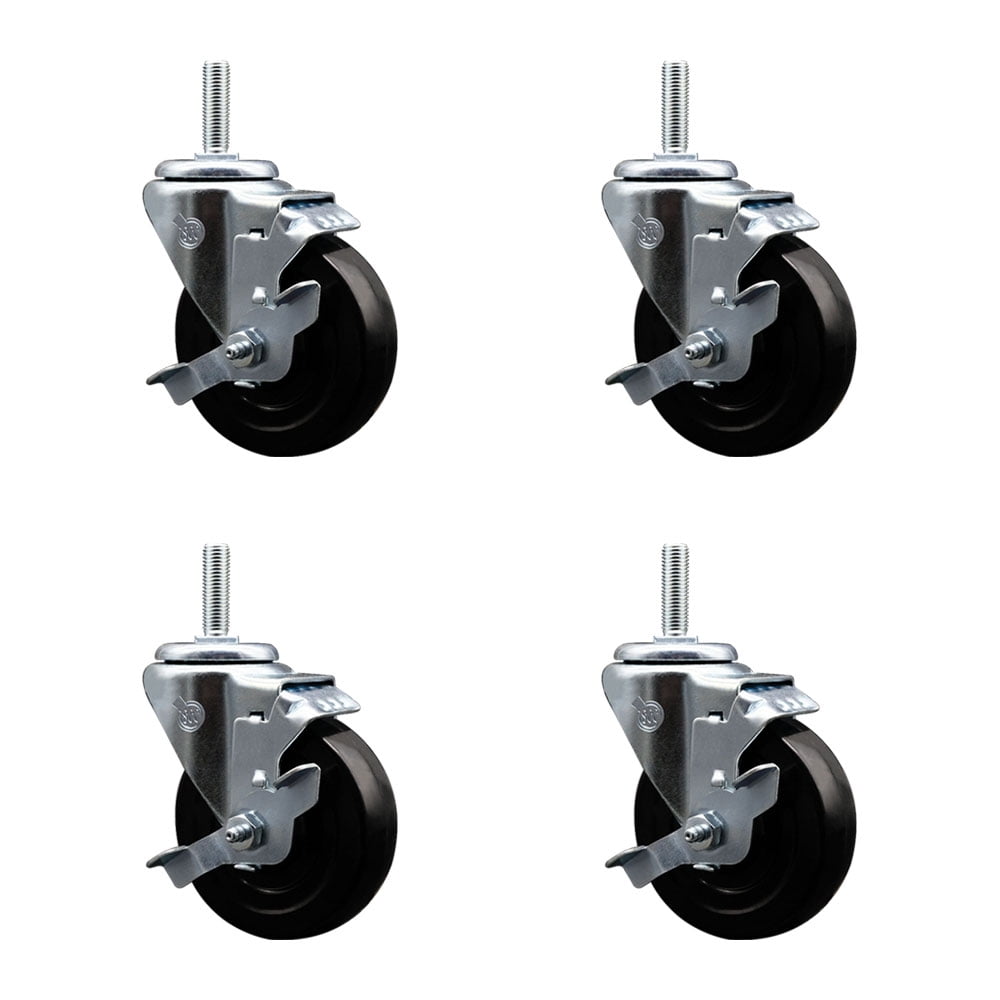 4 Inch Soft Rubber Wheel Swivel 5/8 Inch Threaded Stem Caster Set with ...