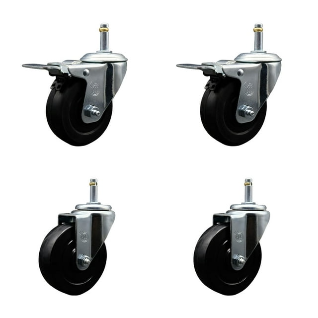 4 Inch Soft Rubber Wheel Swivel 7/16 Inch Stem Caster Set 2 Total Lock ...