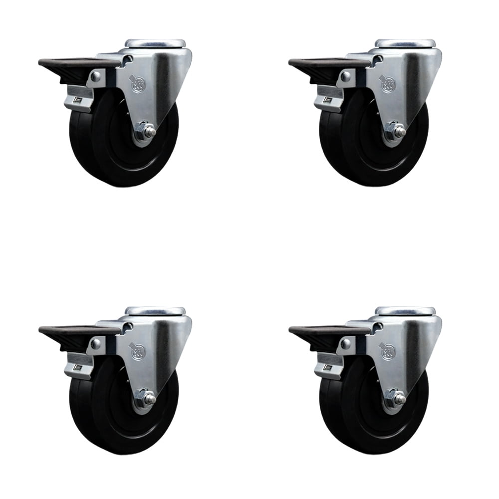 4 Inch Soft Rubber Wheel Swivel Bolt Hole Caster Set with Posi Lock ...
