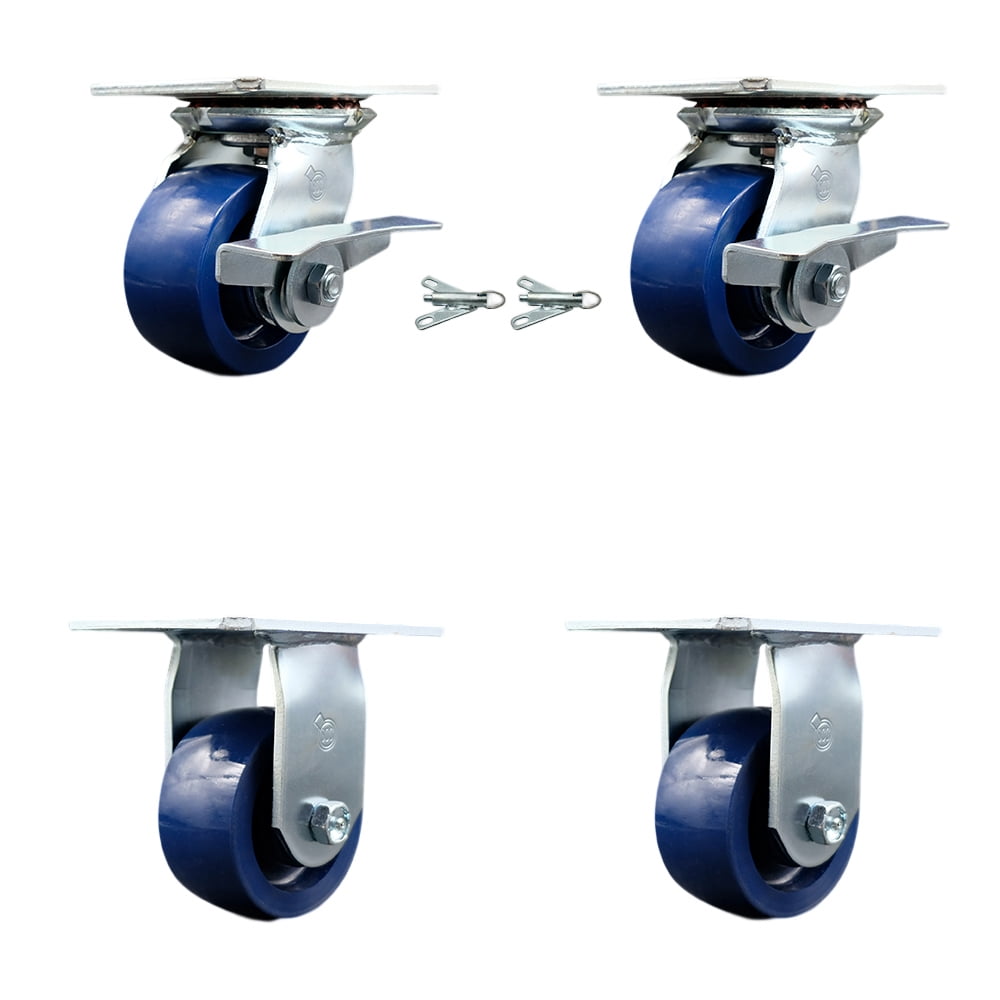4 Inch Solid Poly Caster Set 2 Brakes/Swivel Locks and 2 Rigid Service ...