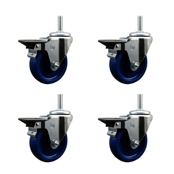 4 Inch Solid Poly Wheel Swivel 5/8 Inch Threaded Stem Caster Set with ...