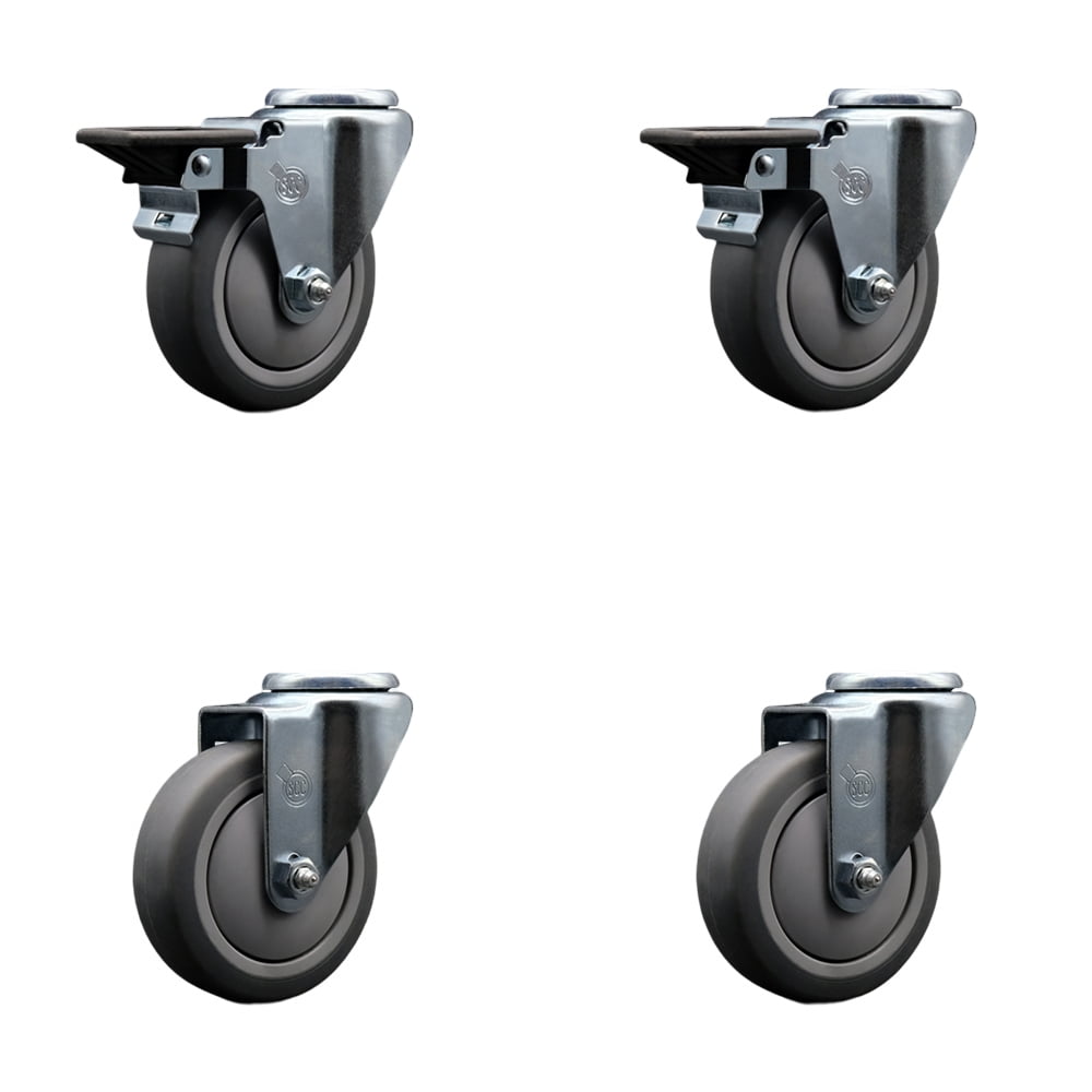 4 Inch Thermo Rubber Wheel Swivel Bolt Hole Caster Set with 2 Posi Lock ...