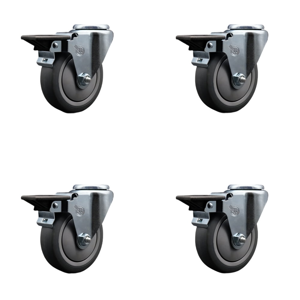 4 Inch Thermo Rubber Wheel Swivel Bolt Hole Caster Set with Posi Lock ...