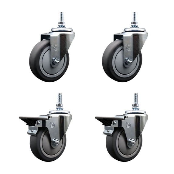 4 Inch Thermoplastic Rubber 12MM Threaded Stem Caster Set 2 Brakes SCC ...