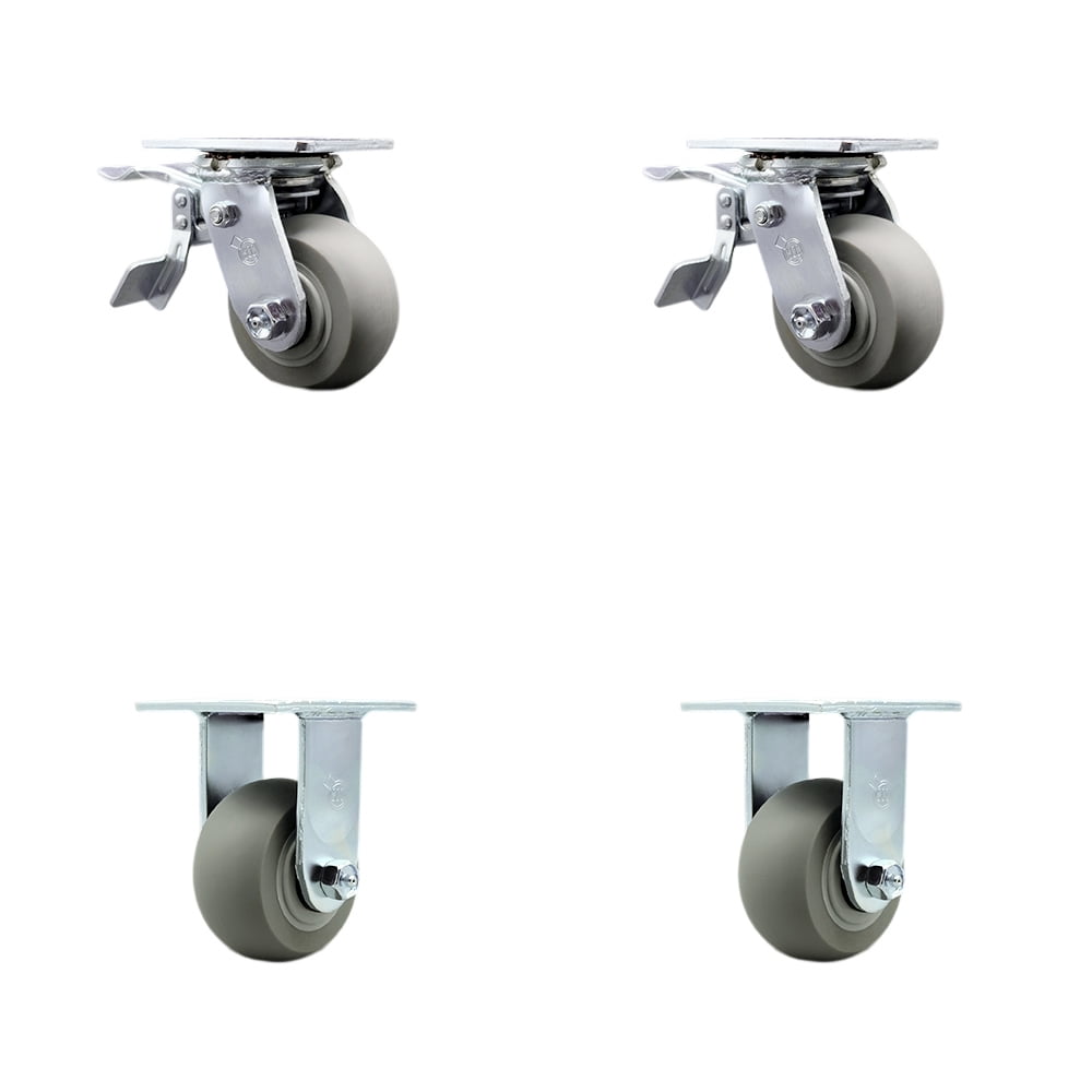 4 Inch Thermoplastic Rubber Caster Set with Roller Bearings 2 Brakes 2 ...