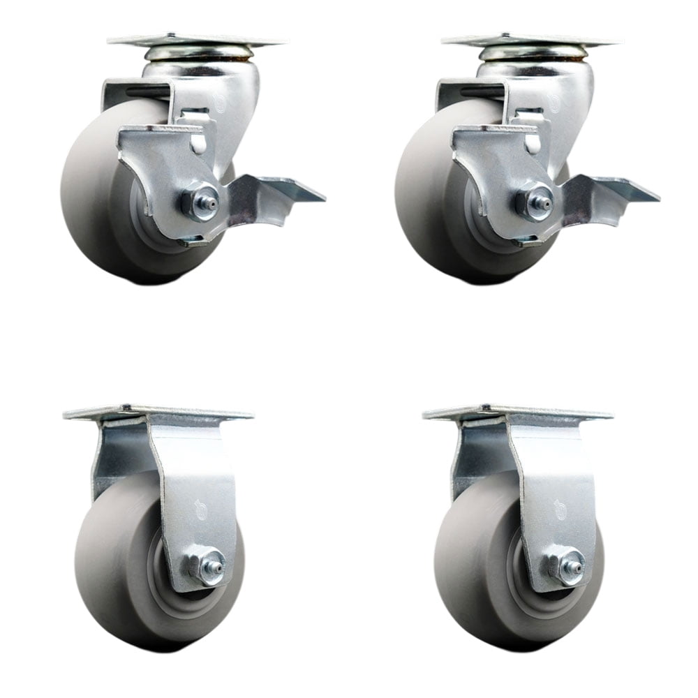4 Inch Thermoplastic Rubber Caster Set with Roller Bearings 2 Brakes 2 ...