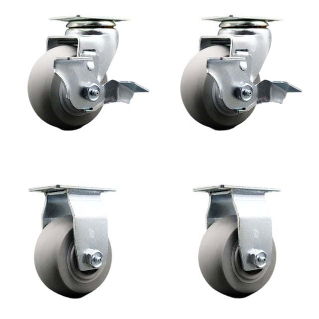4 Inch Thermoplastic Rubber Caster Set with Roller Bearings 2 Brakes 2 ...