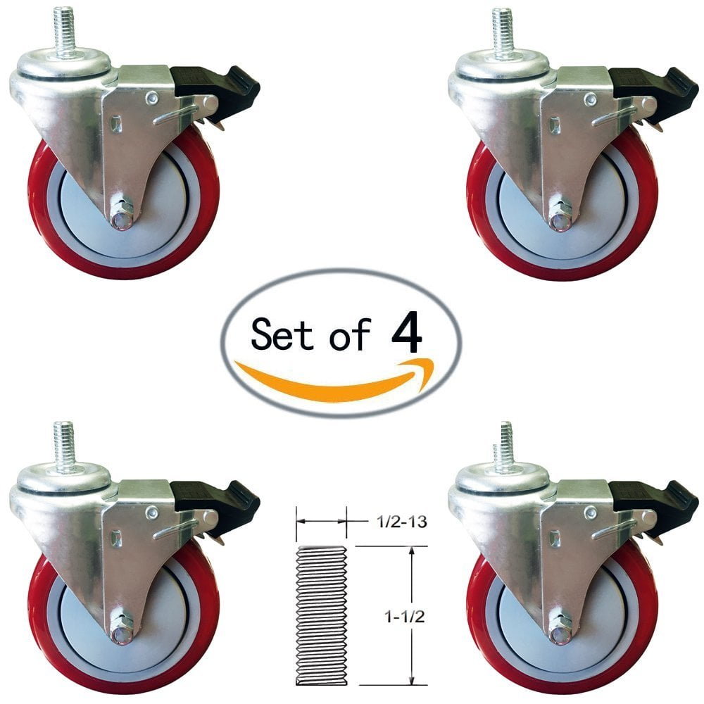 4 Inch Total Lock Caster - Red Polyurethane Wheel - 1/2"-13 x 1-1/2 ...