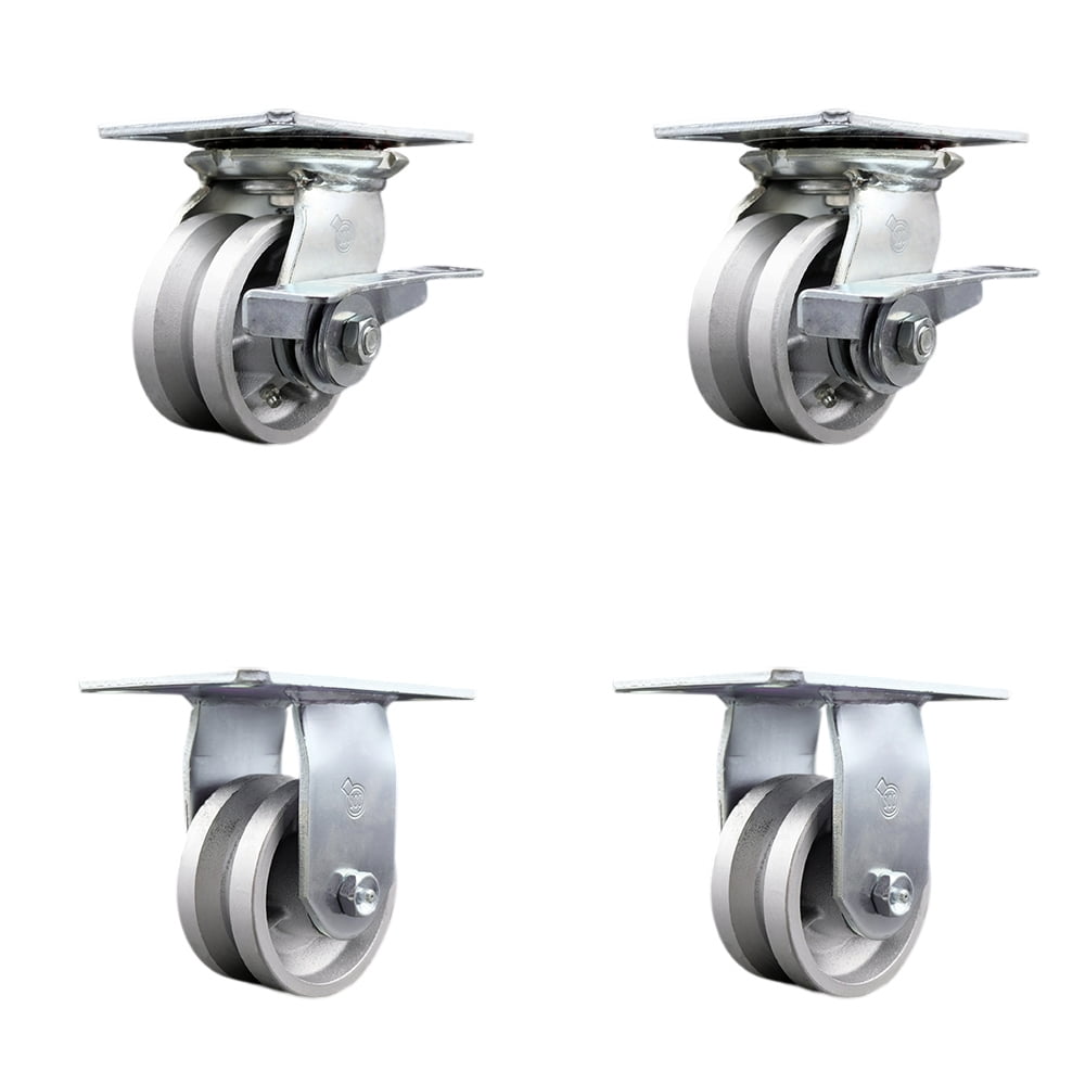4 Inch V Groove Semi Steel Caster Set with Ball Bearing 2 Brakes and 2 ...