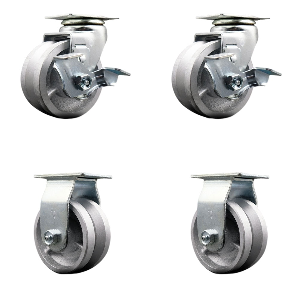 4 Inch V-Groove Semi Steel Caster Set with Bronze Bearings 2 Brakes 2 ...