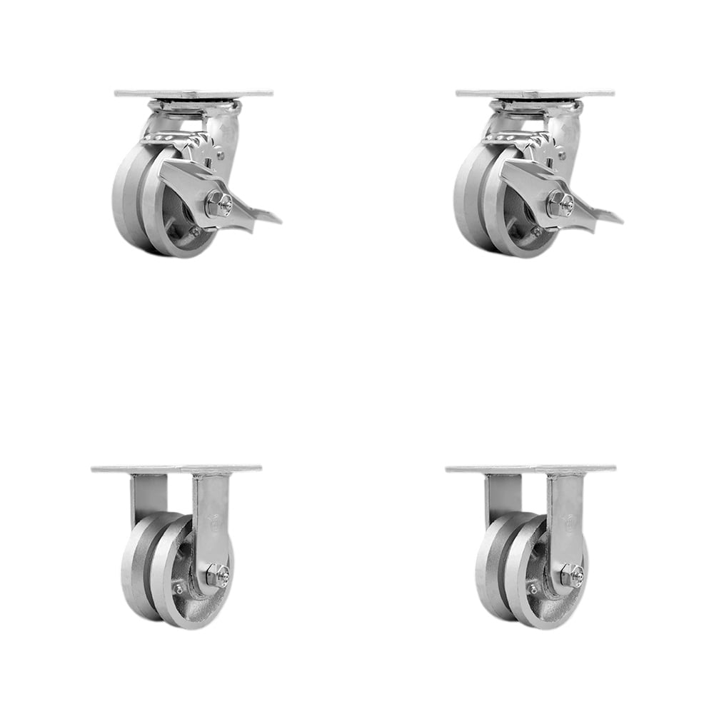 4 Inch V-Groove Semi Steel Caster Set with Bronze Bearings 2 Brakes 2 ...