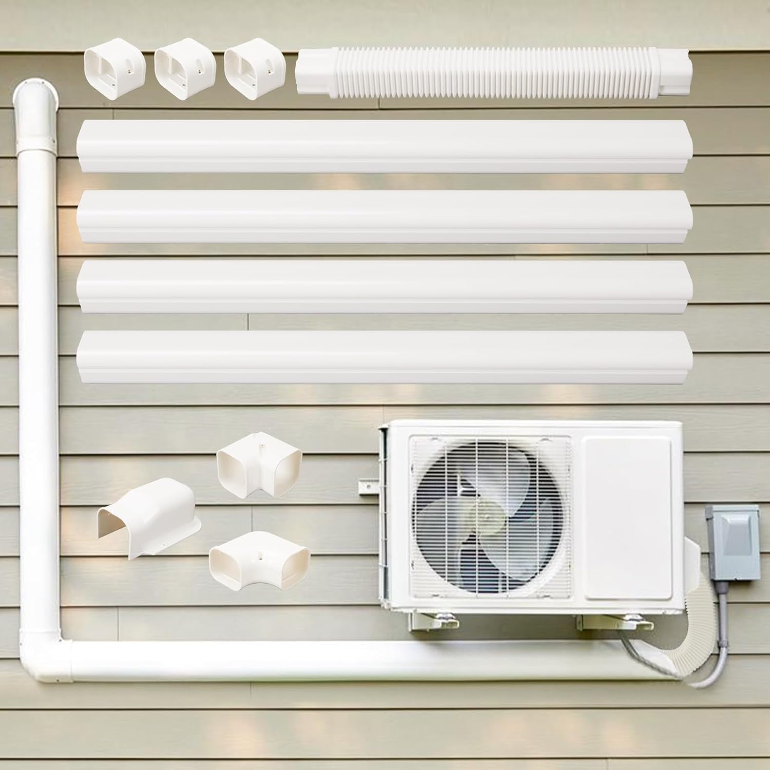 4 Inch W 15.5Ft L Mini Split AC Line Cover Kit Decorative PVC Tubing ...