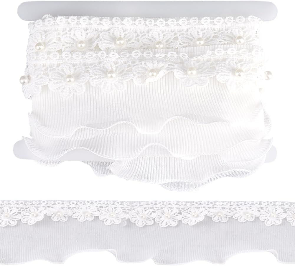 4 Inch White Flower Ruffle Lace Ribbon Pleated Satin Lace Edge Trim 5 ...