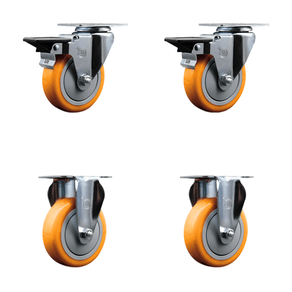 4 Inch Yellow Poly Wheel Swivel Top Plate Caster Set with 2 Posi Brakes ...