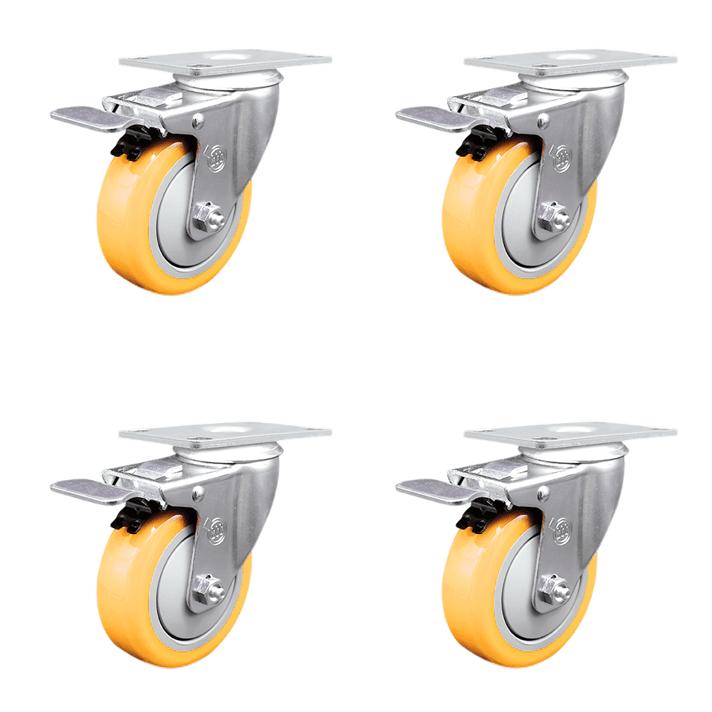 4 Inch Yellow Polyurethane Swivel Top Plate Caster Set with Total Lock ...