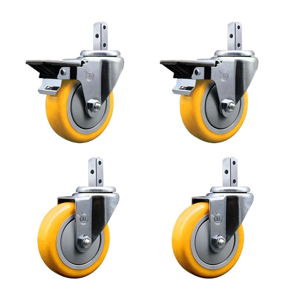 4 Inch Yellow Polyurethane Wheel Swivel 7/8 Inch Square Stem Caster Set ...
