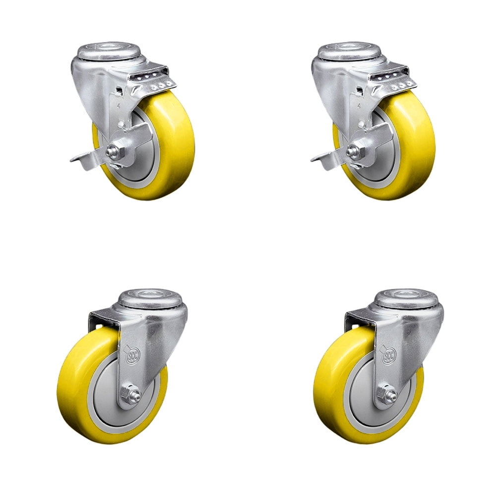 4 Inch Yellow Polyurethane Wheel Swivel Bolt Hole Caster Set with 2 ...