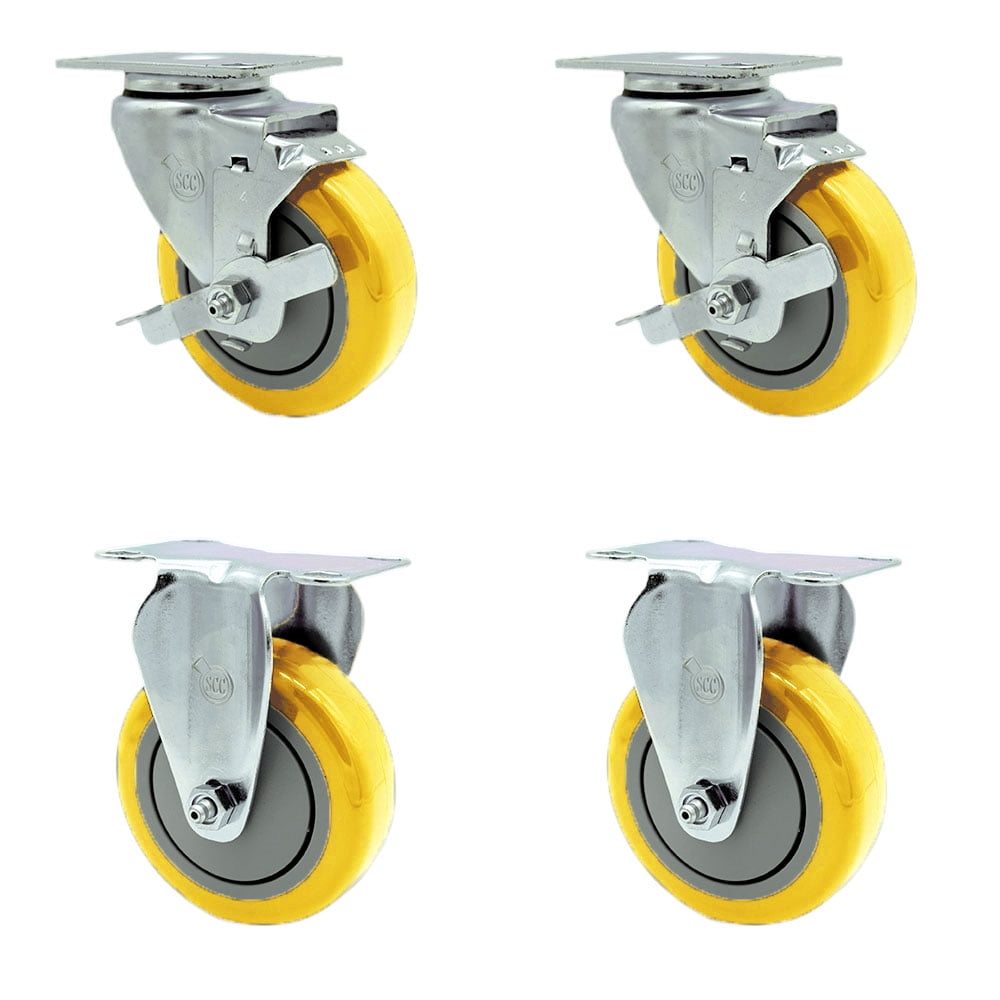 4 Inch Yellow Poly Wheel Swivel Top Plate Caster Set with 2 Brake 2 ...