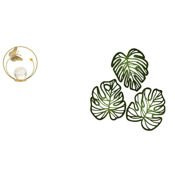 4 Items Crystal Ball Sculpture Palm Leaves Wall Art Wooden Stand Vivid ...