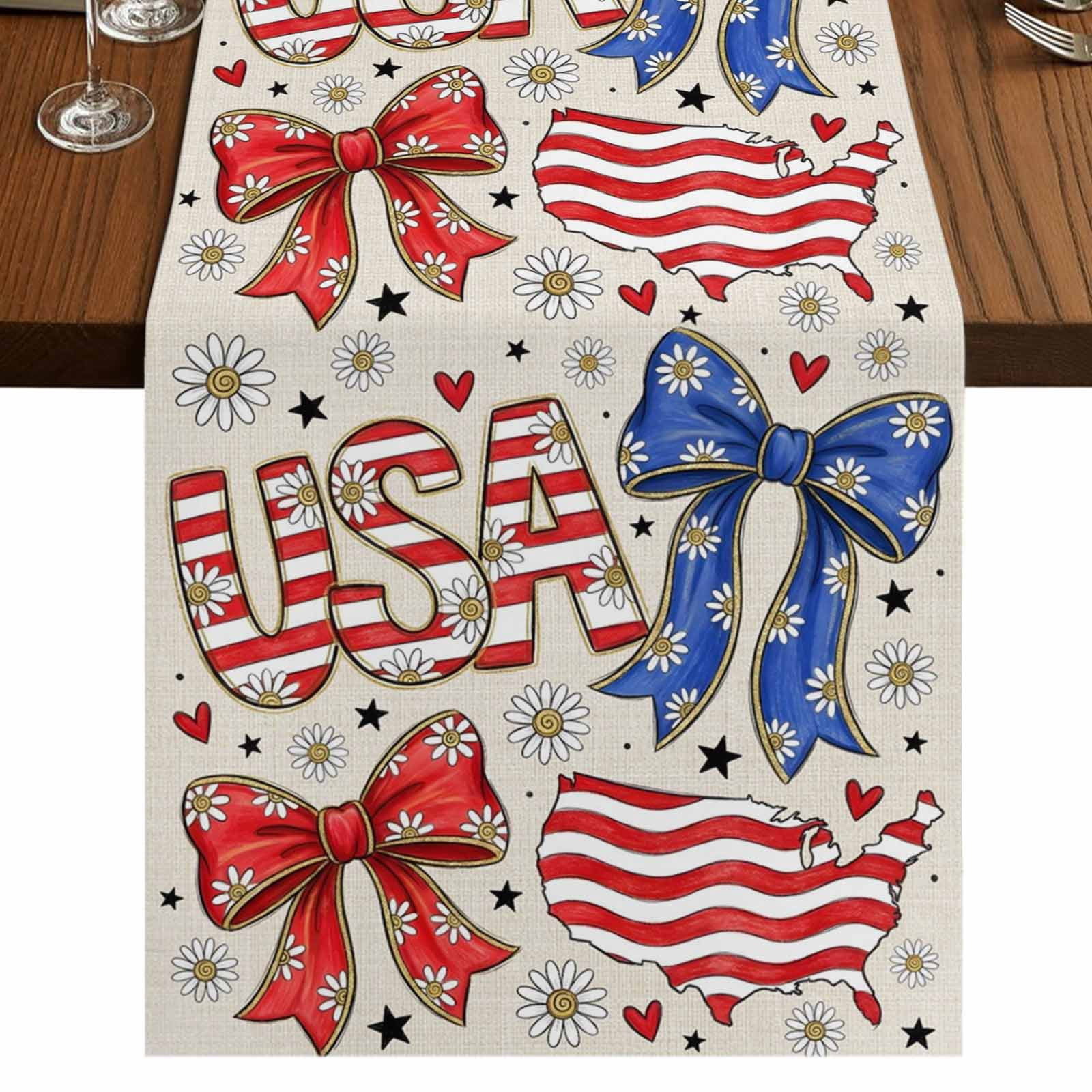 4 of July Burlap Cotton Table Runner 16x72 Inches Long, Patriotic Red ...