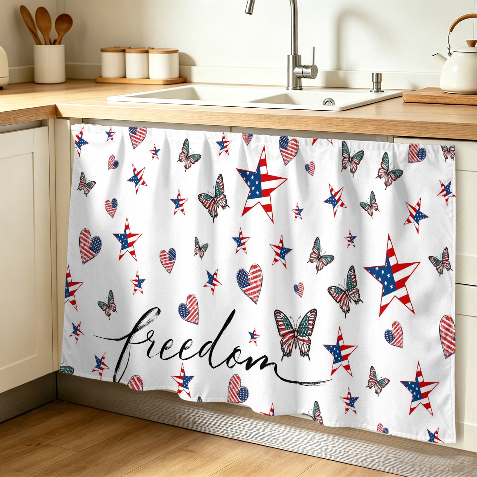 4 of July Cabinet Curtain 28"W x 51"L, Patriotic USA Flag Stars Heart ...