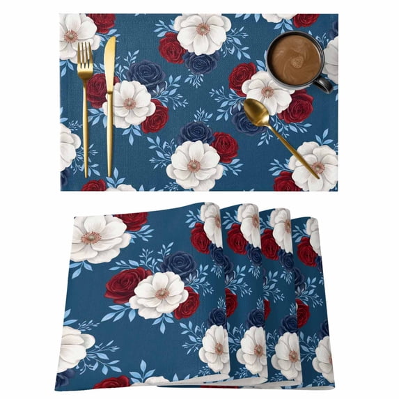 4 of July Placemats Set of 8 Patriotic Blossom Flowers Roses Leaf Blue ...