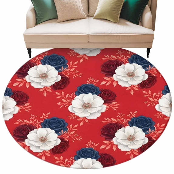4 of July Round Rug 8ft Washable Circle Rugs Non Slip Patriotic Blossom ...